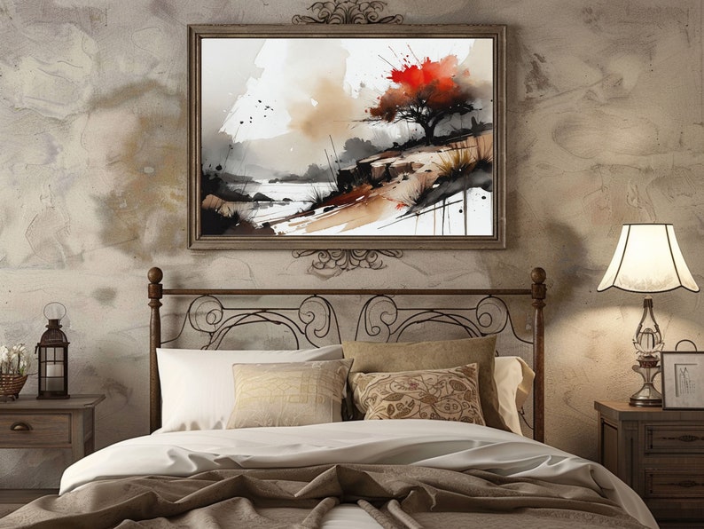 Watercolor Landscape Painting of a Tree by a River - Abstract ...
