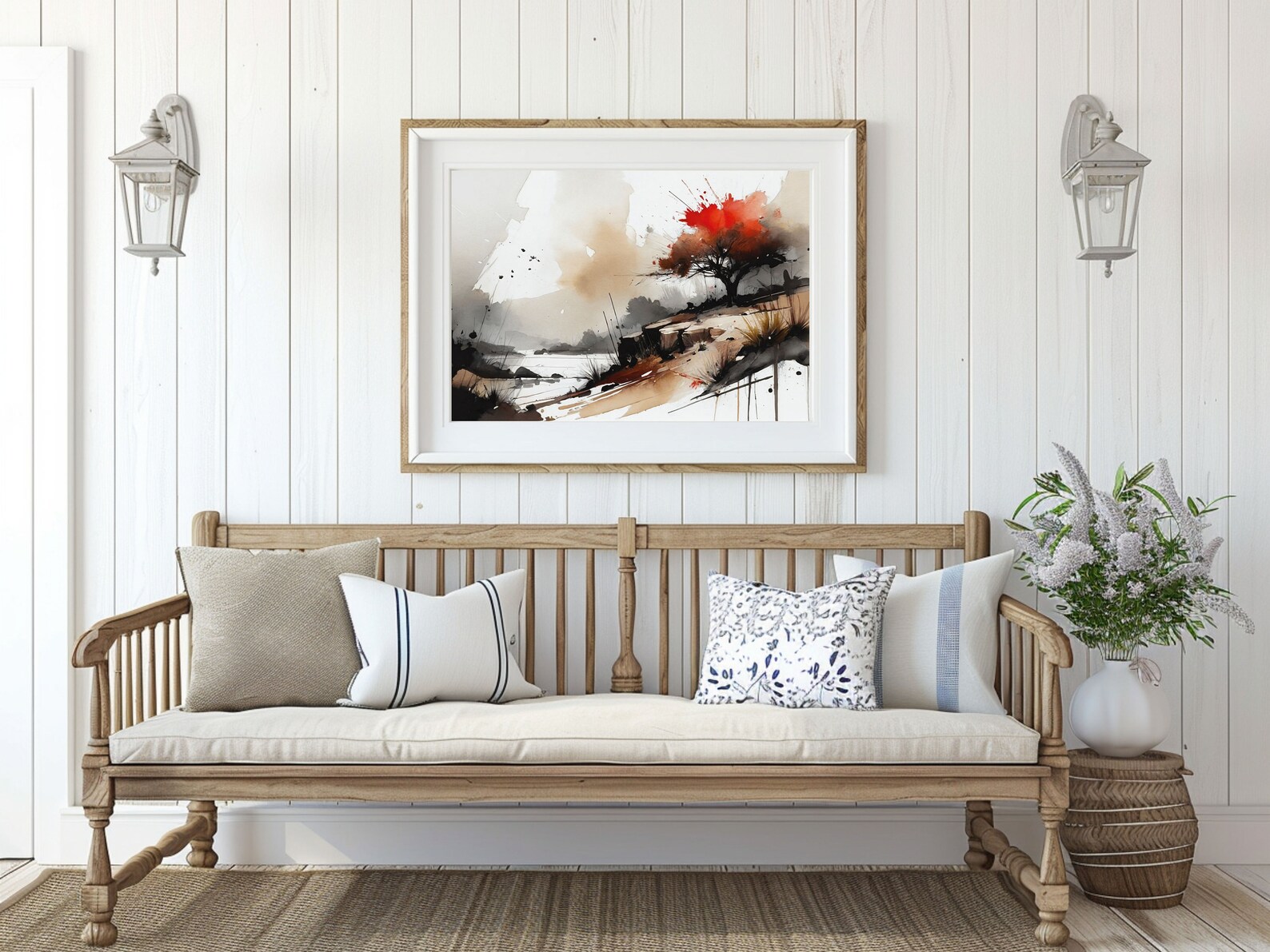 Watercolor Landscape Painting of a Tree by a River - Abstract ...