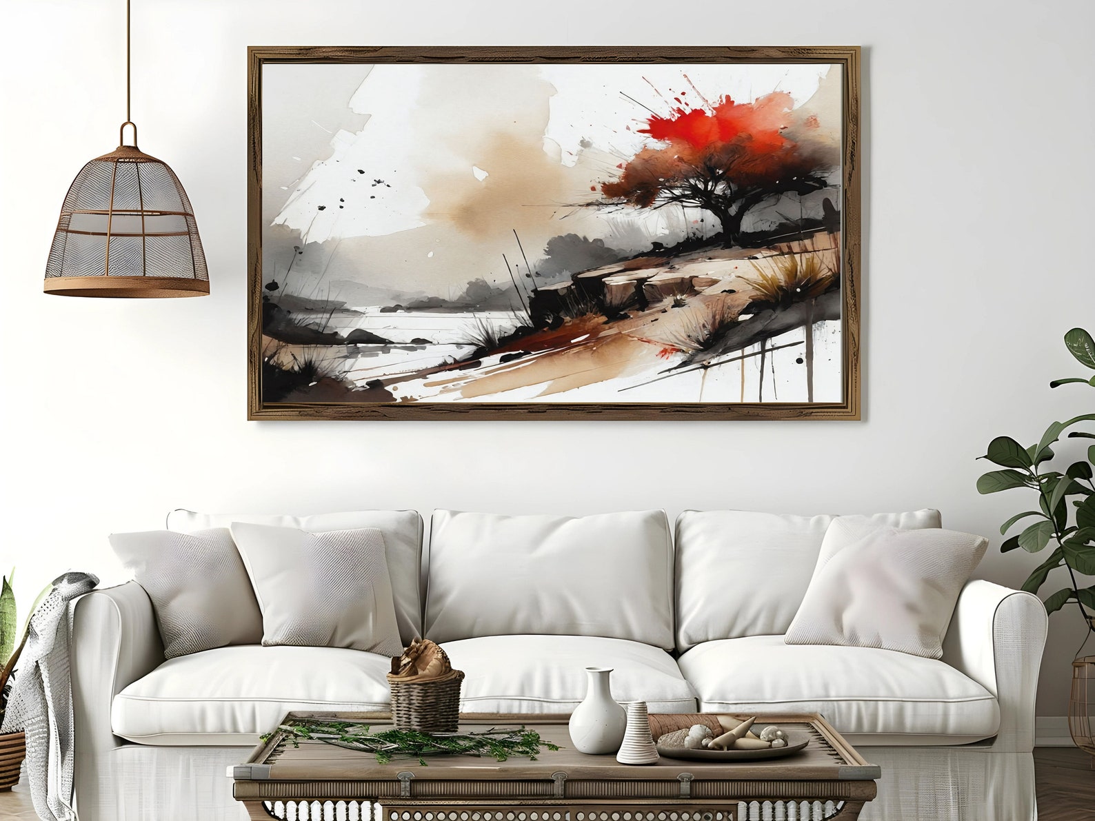 Watercolor Landscape Painting of a Tree by a River - Abstract ...