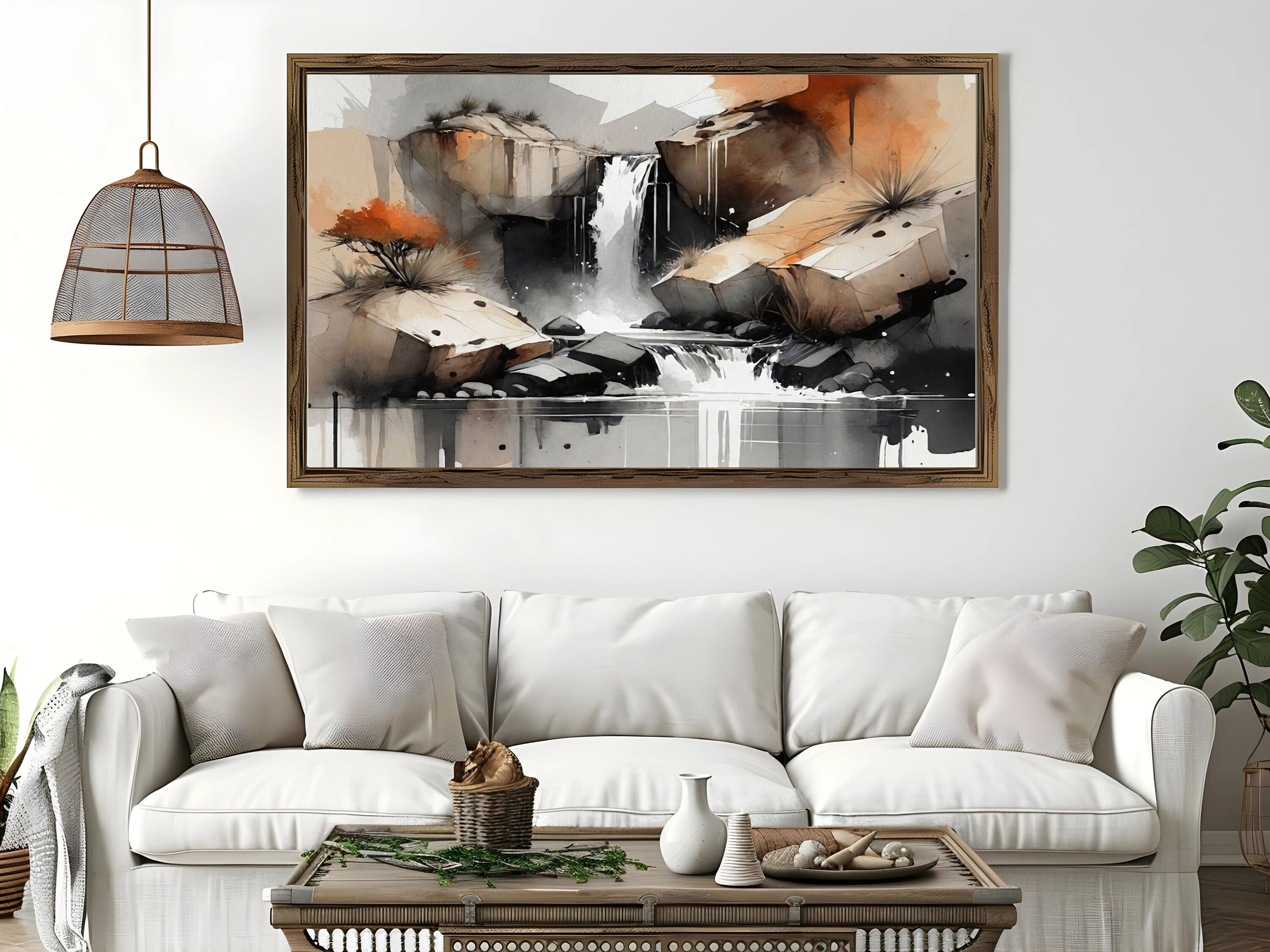 Watercolor Painting of a Lush Waterfall in a Mountainous Landscape ...