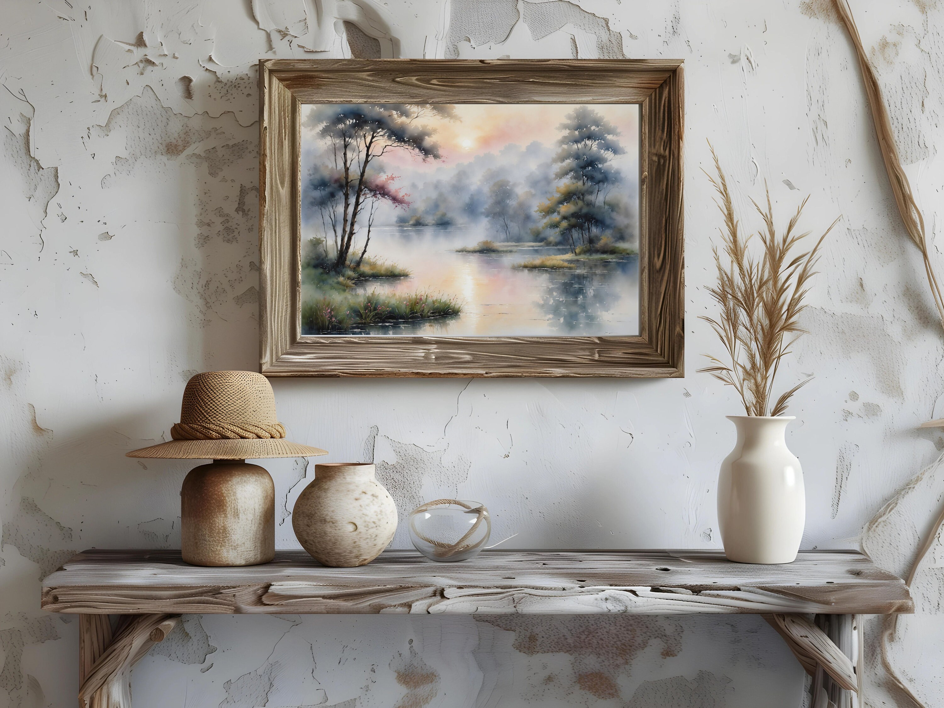 Watercolor Painting of a Misty Morning Lake Scene With Trees ...