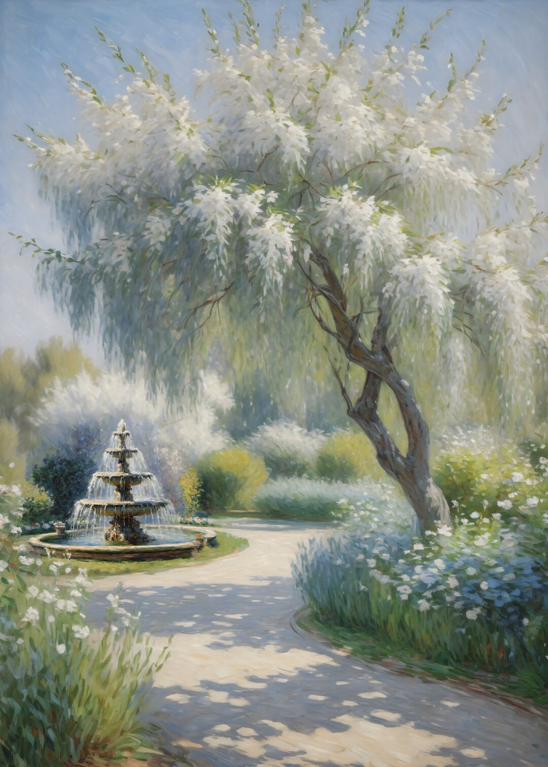 Weeping Willow Tree Overlooking a Walking Path Leading to a Fountain on ...