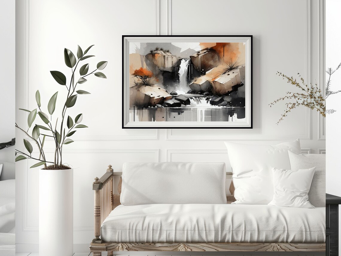 Watercolor Painting of a Lush Waterfall in a Mountainous Landscape ...