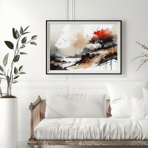 Watercolor Landscape Painting of a Tree by a River - Abstract ...