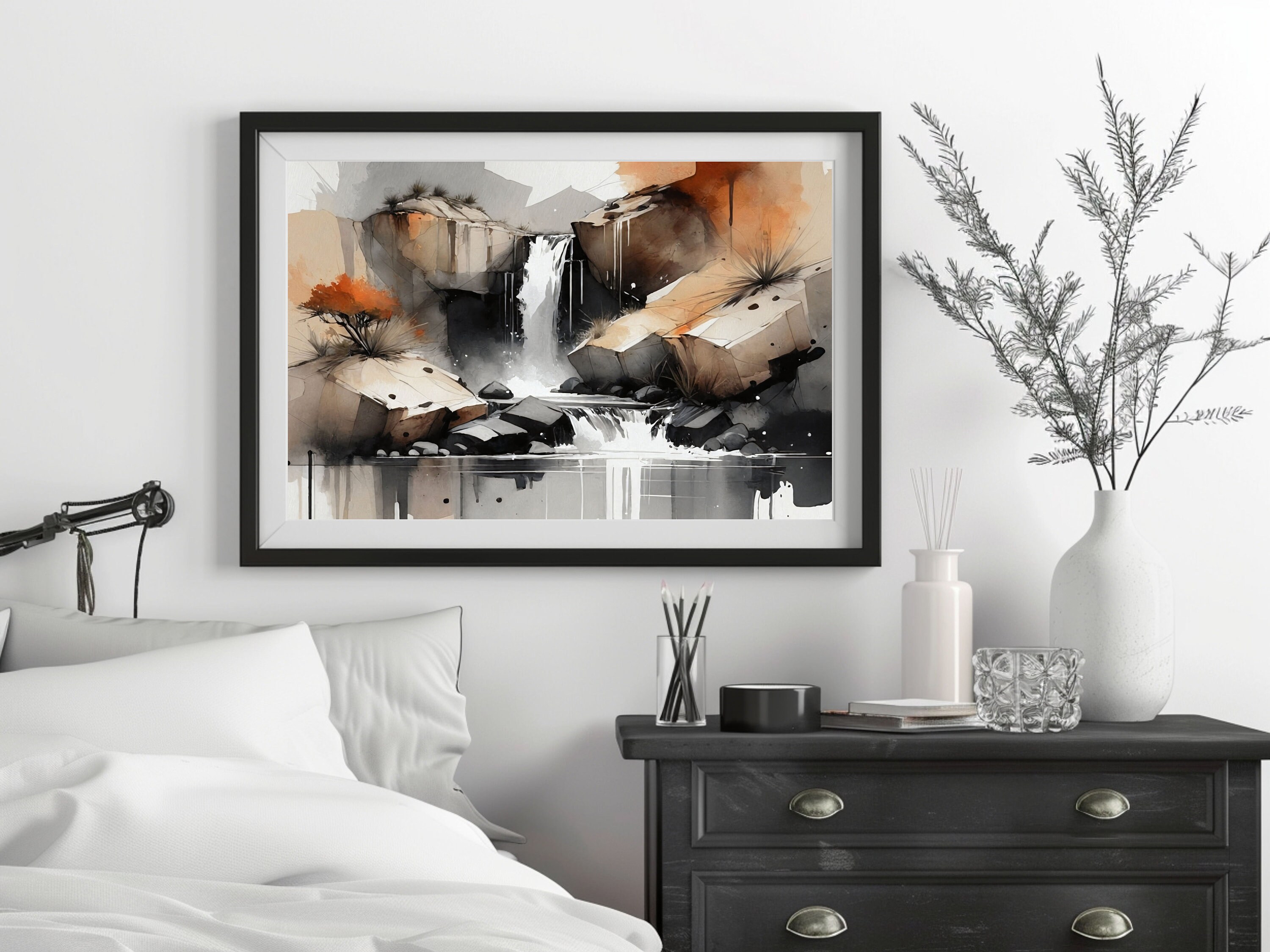 Watercolor Painting of a Lush Waterfall in a Mountainous Landscape ...