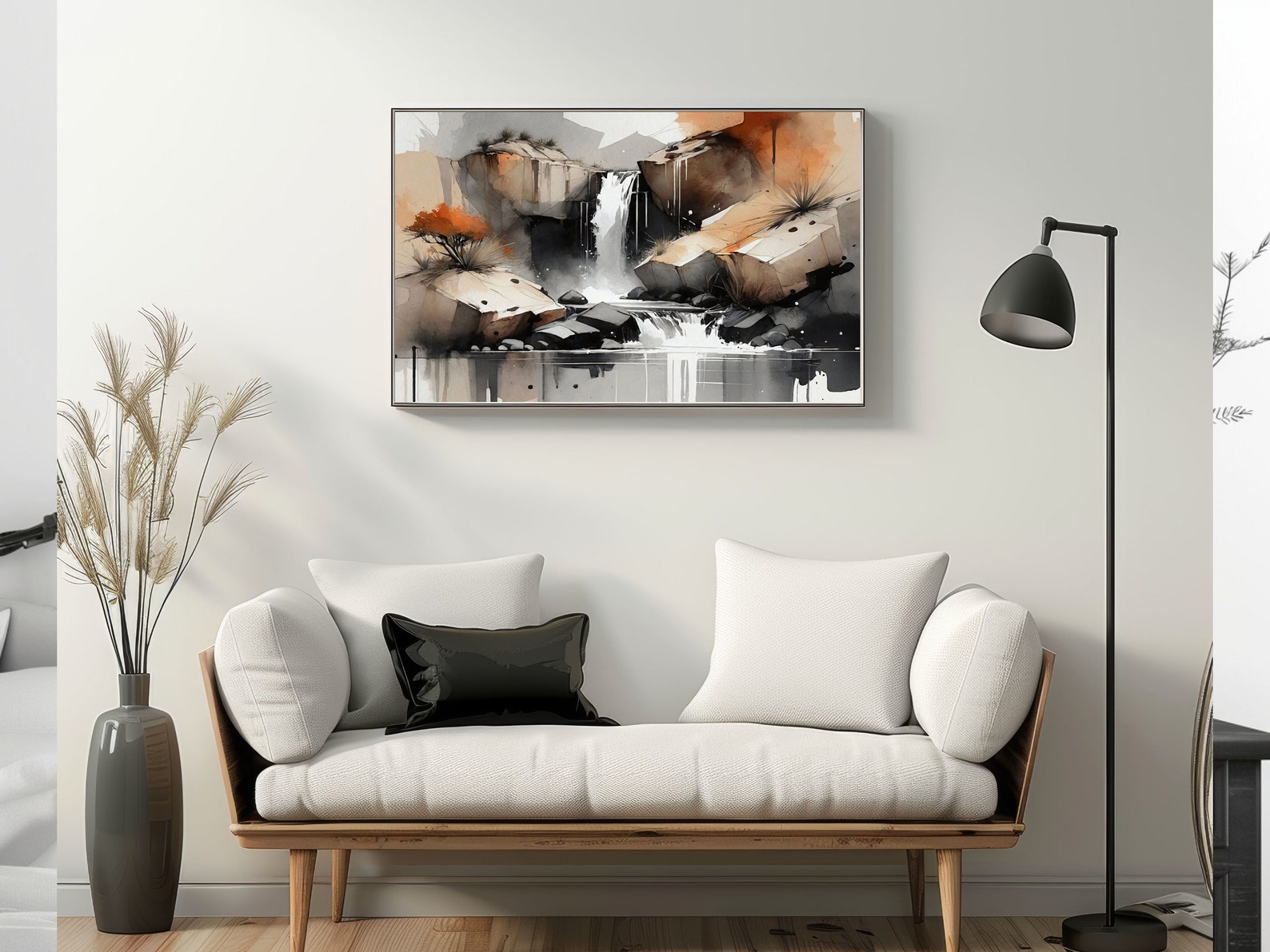 Watercolor Painting of a Lush Waterfall in a Mountainous Landscape ...