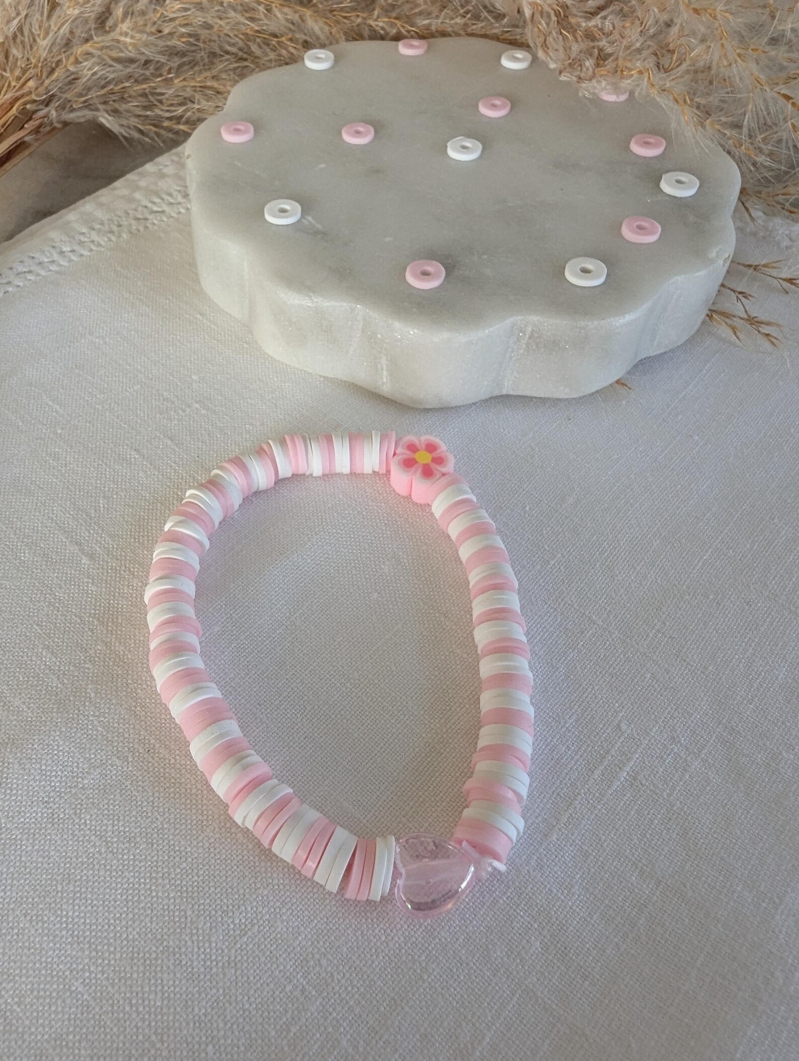 Pink Clay Bead Bracelet. Handmade Bracelets. Pink Bracelet With Charms ...