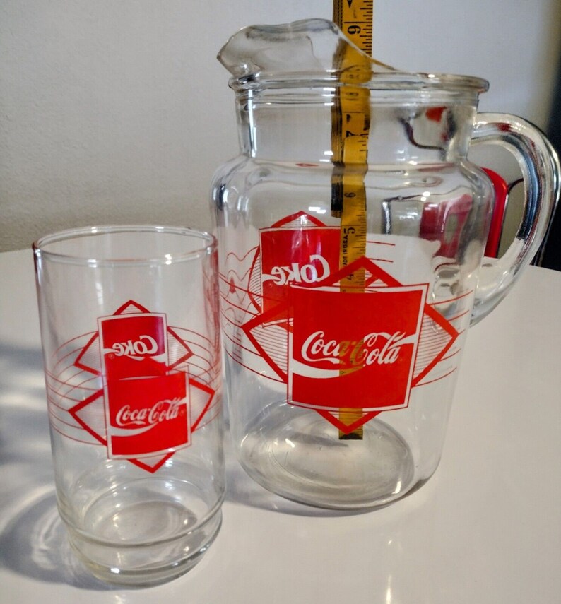 Vintage Coca Cola Clear Glass Pitcher and Matching Glass Cup Set Rare ...