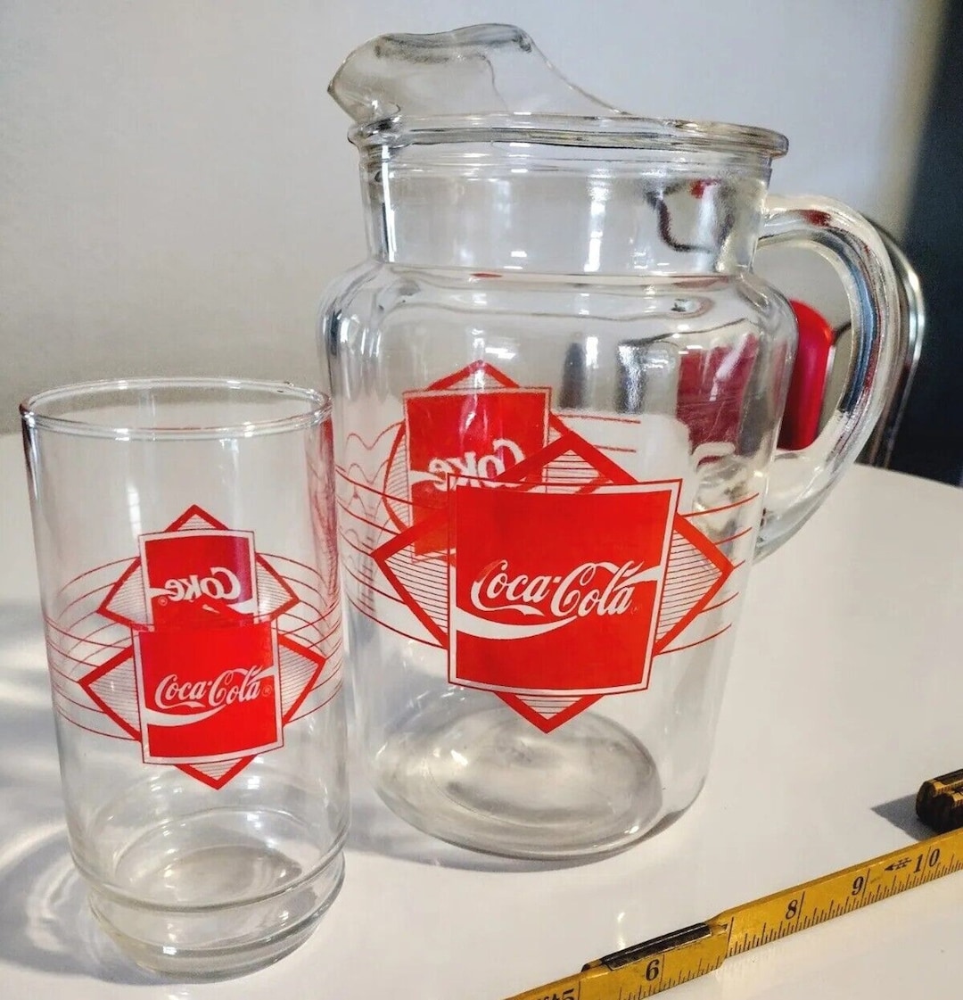 Vintage Coca Cola Clear Glass Pitcher and Matching Glass Cup Set Rare ...