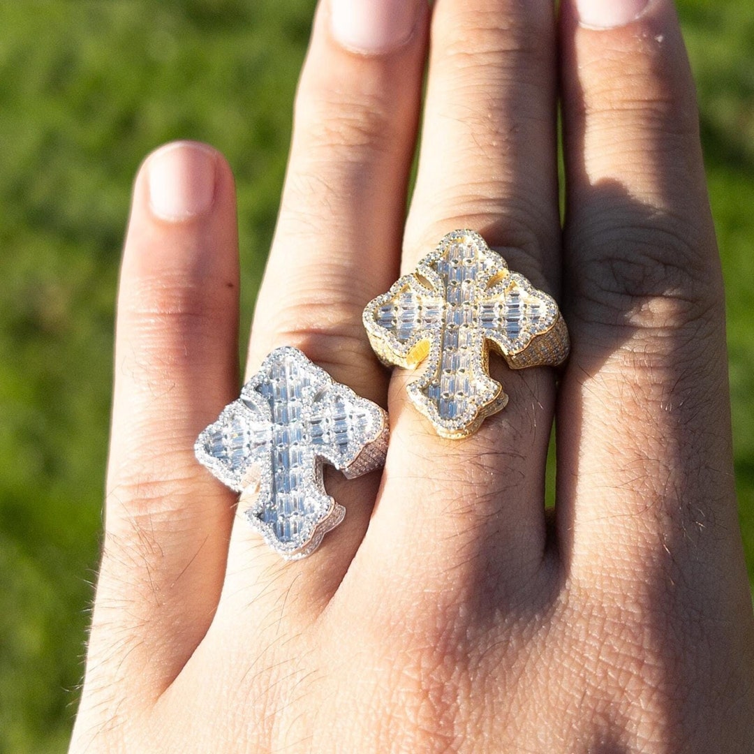 Iced Out Cross Ring, Sterling Silver, White Gold or Yellow Gold Plating, CZ Diamonds, Diamond ...