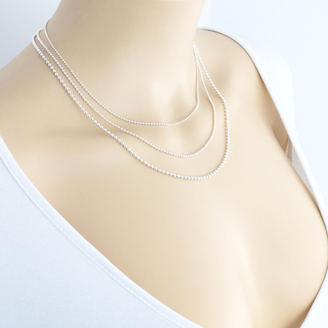 Italian Silver Beaded Necklace Chain, Solid 925 Sterling Silver, Bead ...