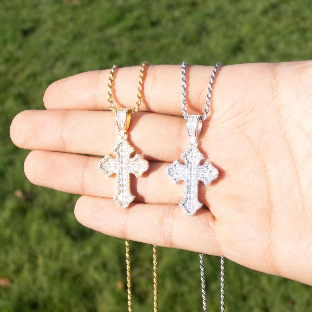 Iced Out Cross Pendant Necklace, 925 Sterling Silver, Yellow Gold or ...
