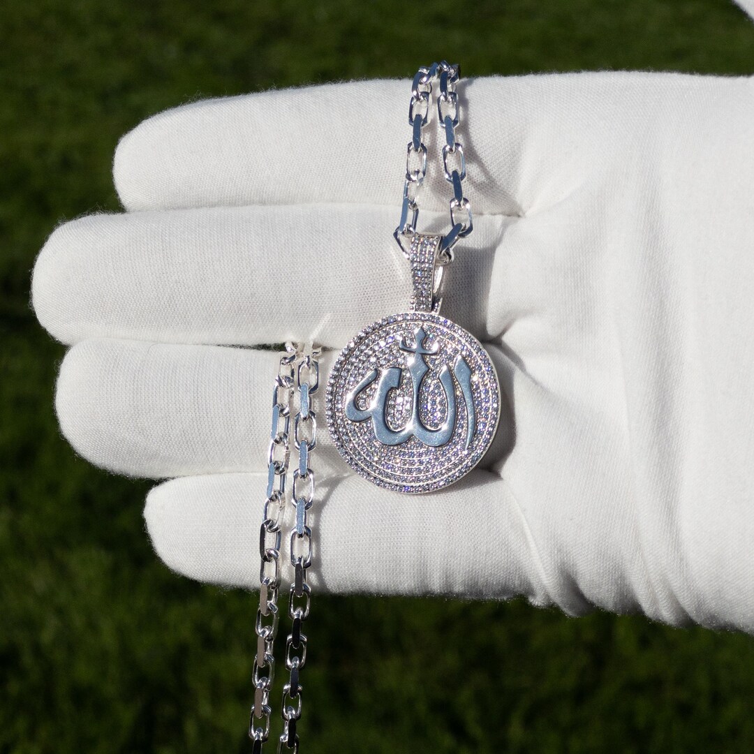 Iced Out Allah Pendant, 925 Sterling Silver, White Gold Rhodium Plating ...
