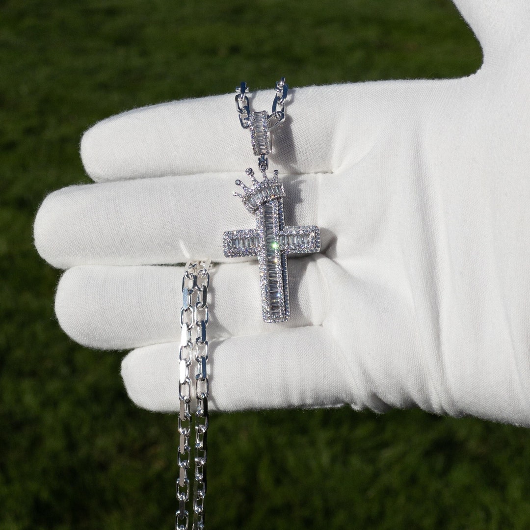 Iced Out Crown Cross Pendant Necklace, 925 Sterling Silver, CZ Diamond ...