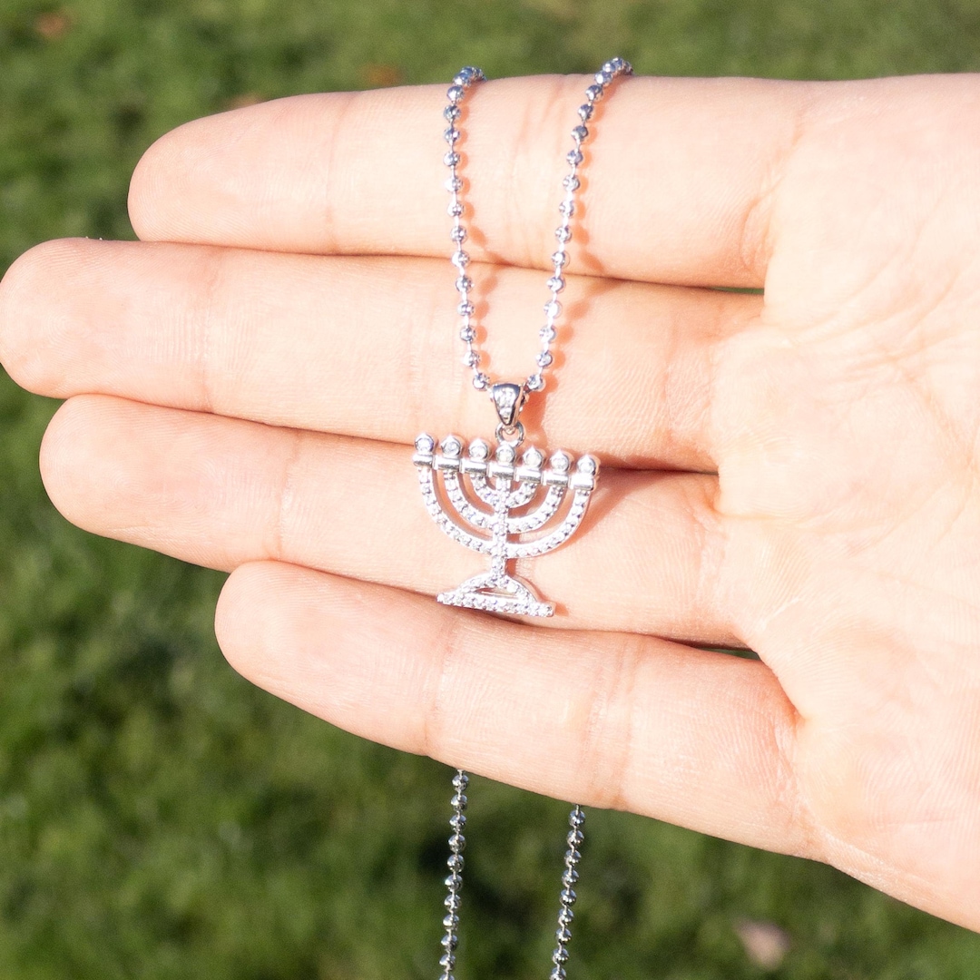 Silver Menorah Pendant Necklace, 925 Sterling Silver, CZ Diamonds ...