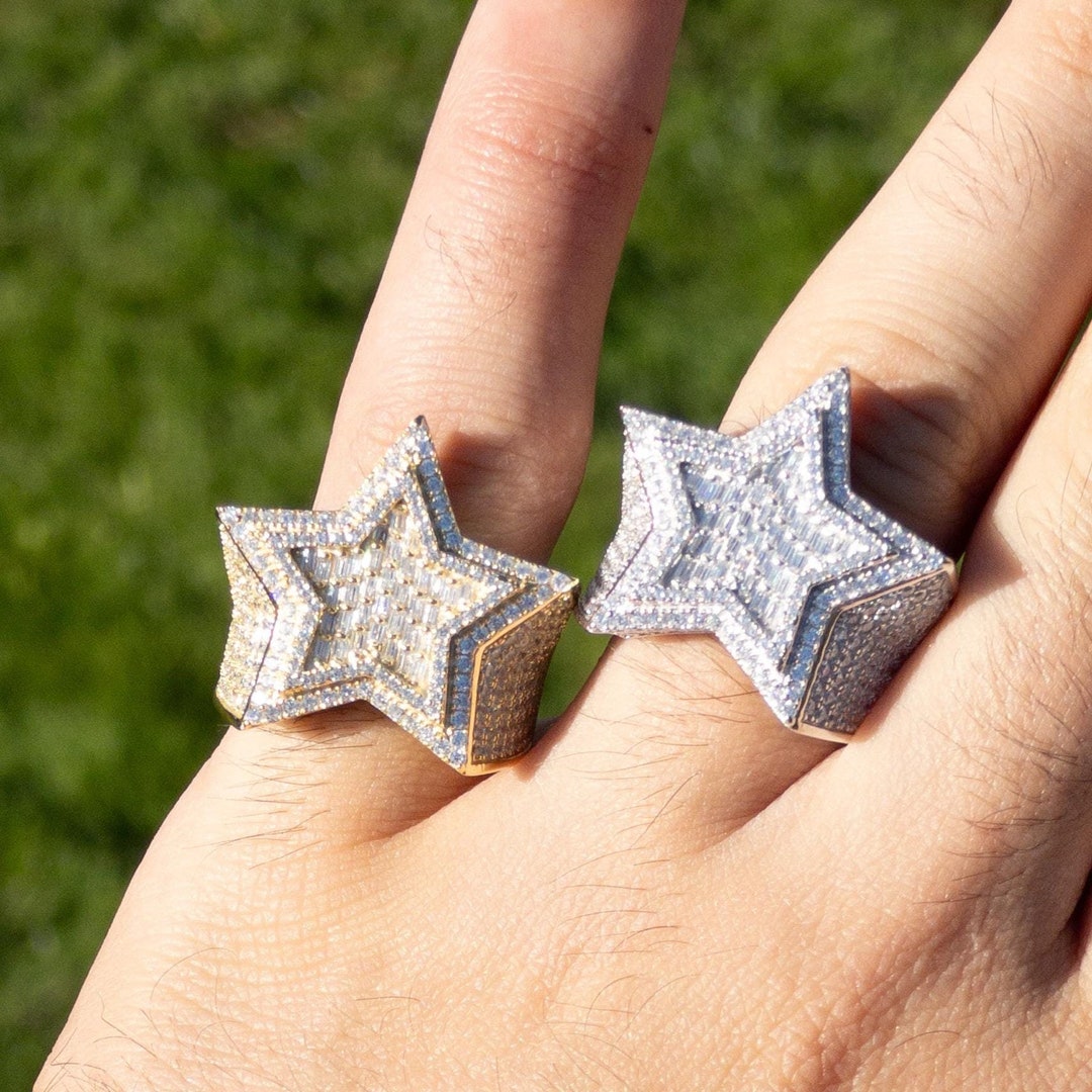 Iced Out Star Ring, Sterling Silver, White Gold or Yellow Gold Plating ...