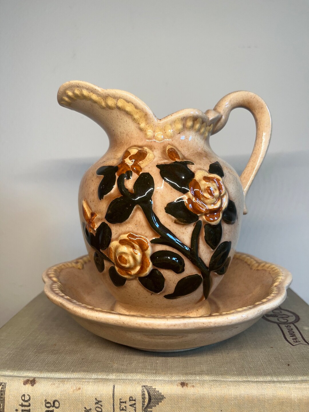 Studio Pottery Floral Pitcher and Basin Bowl / Farmhouse, Mcm Floral ...