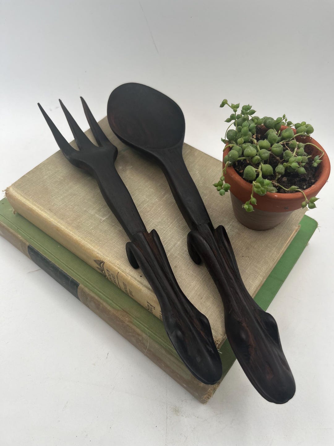 Hand Carved African Folk Art Ebony Wood Serving Utensils / Serving Fork ...