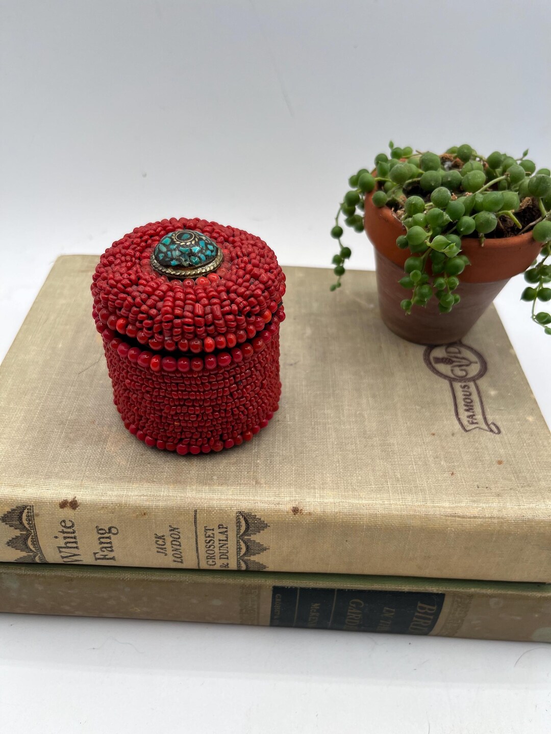 Vintage Tibetan Beaded Jewelry Box With Coral Beads, Turquoise Inlay ...