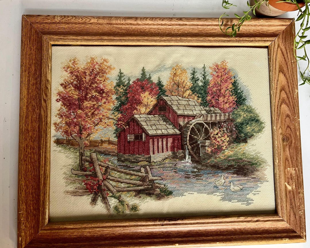 Vintage Fall Scene Framed Needlepoint / Barn and Water Wheel / Fall ...