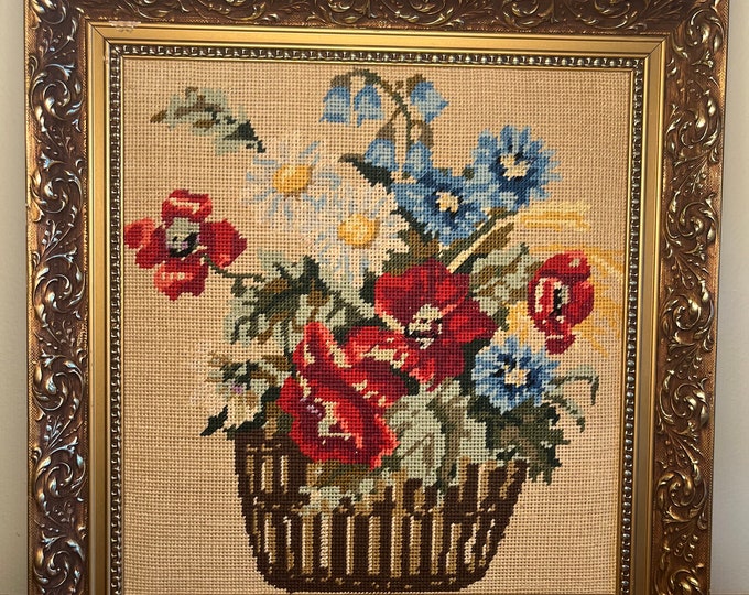 Vintage Signed Floral Needlepoint in an Ornate Gold Frame / Handmade ...