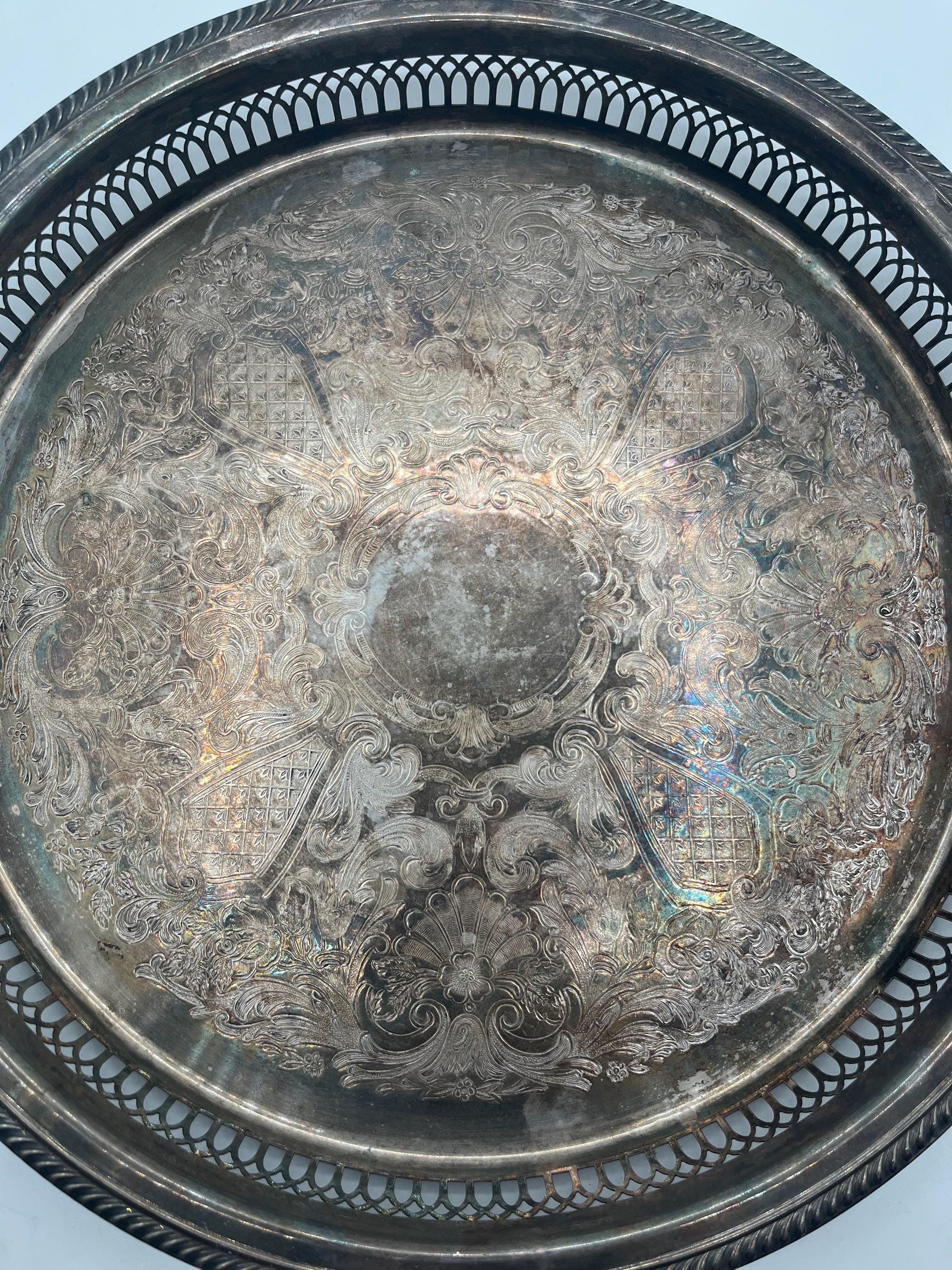 Vintage Ornate Etched Silver Decorative Tray / 13" Circular Silver ...