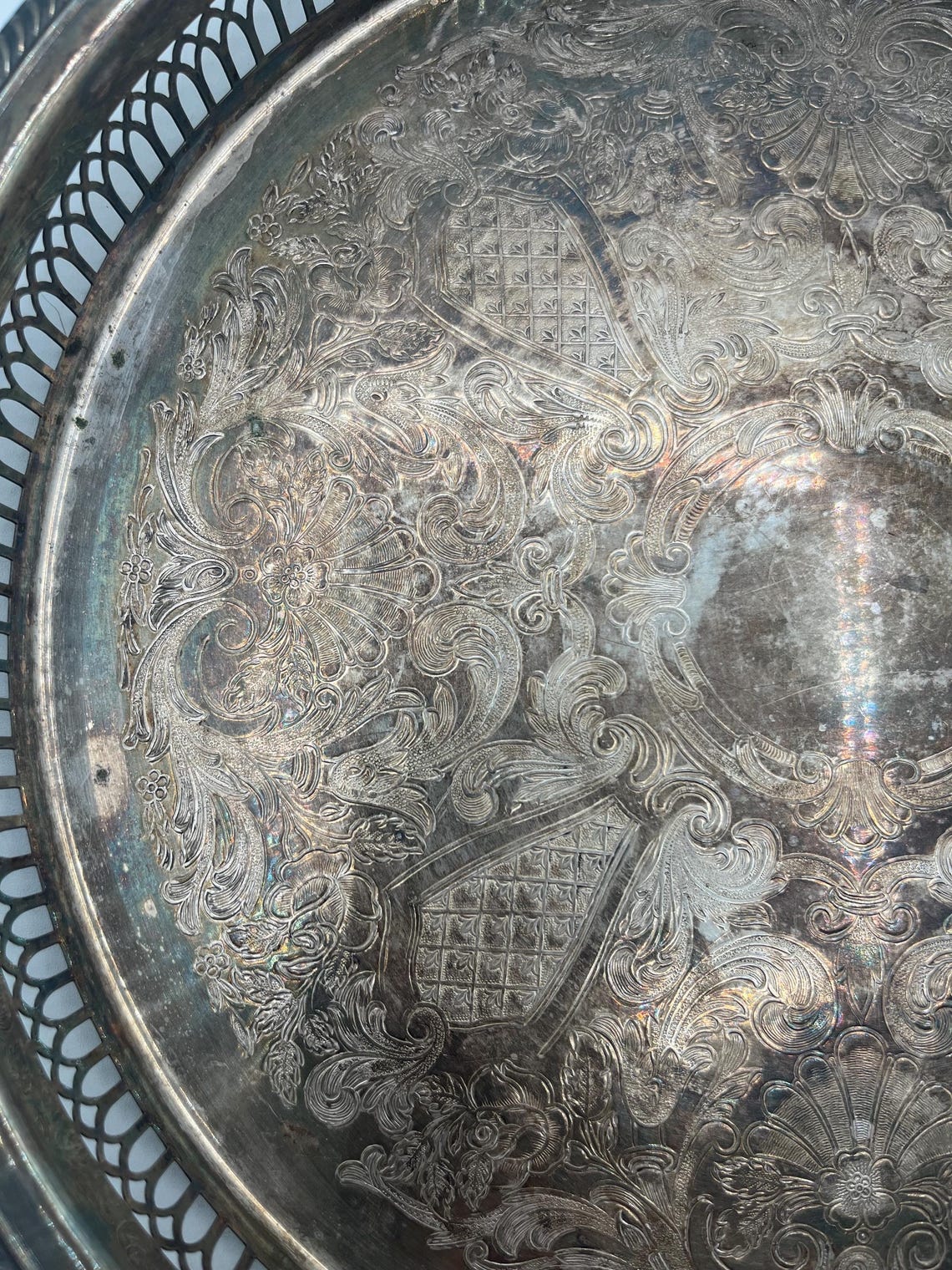 Vintage Ornate Etched Silver Decorative Tray / 13" Circular Silver ...