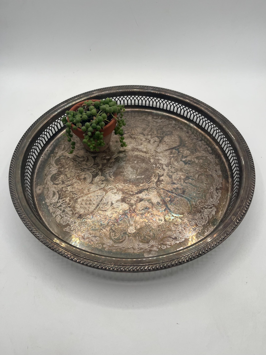 Vintage Ornate Etched Silver Decorative Tray / 13" Circular Silver ...