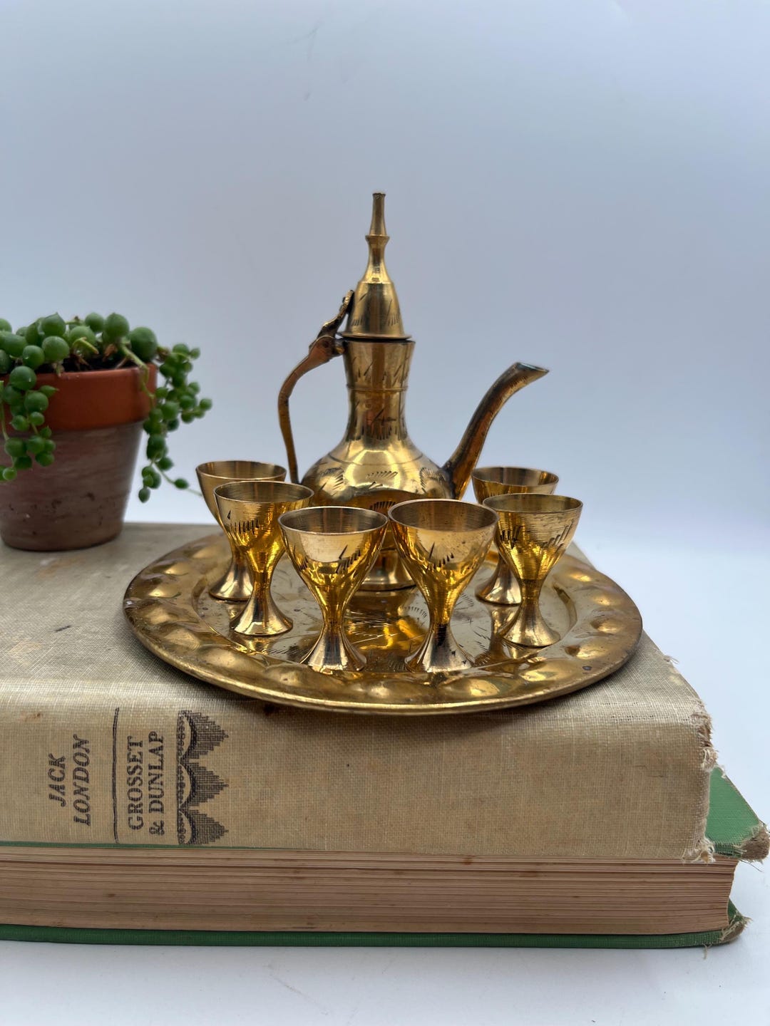 Miniature Brass Dallah Tea or Coffee Set / Set of 6 Brass Goblets ...
