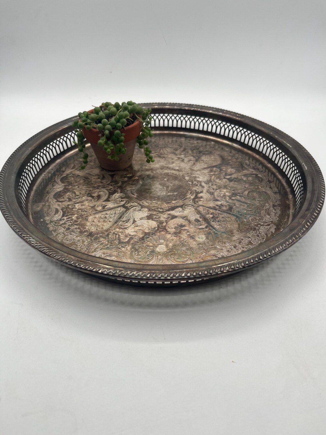 Vintage Ornate Etched Silver Decorative Tray / 13" Circular Silver ...