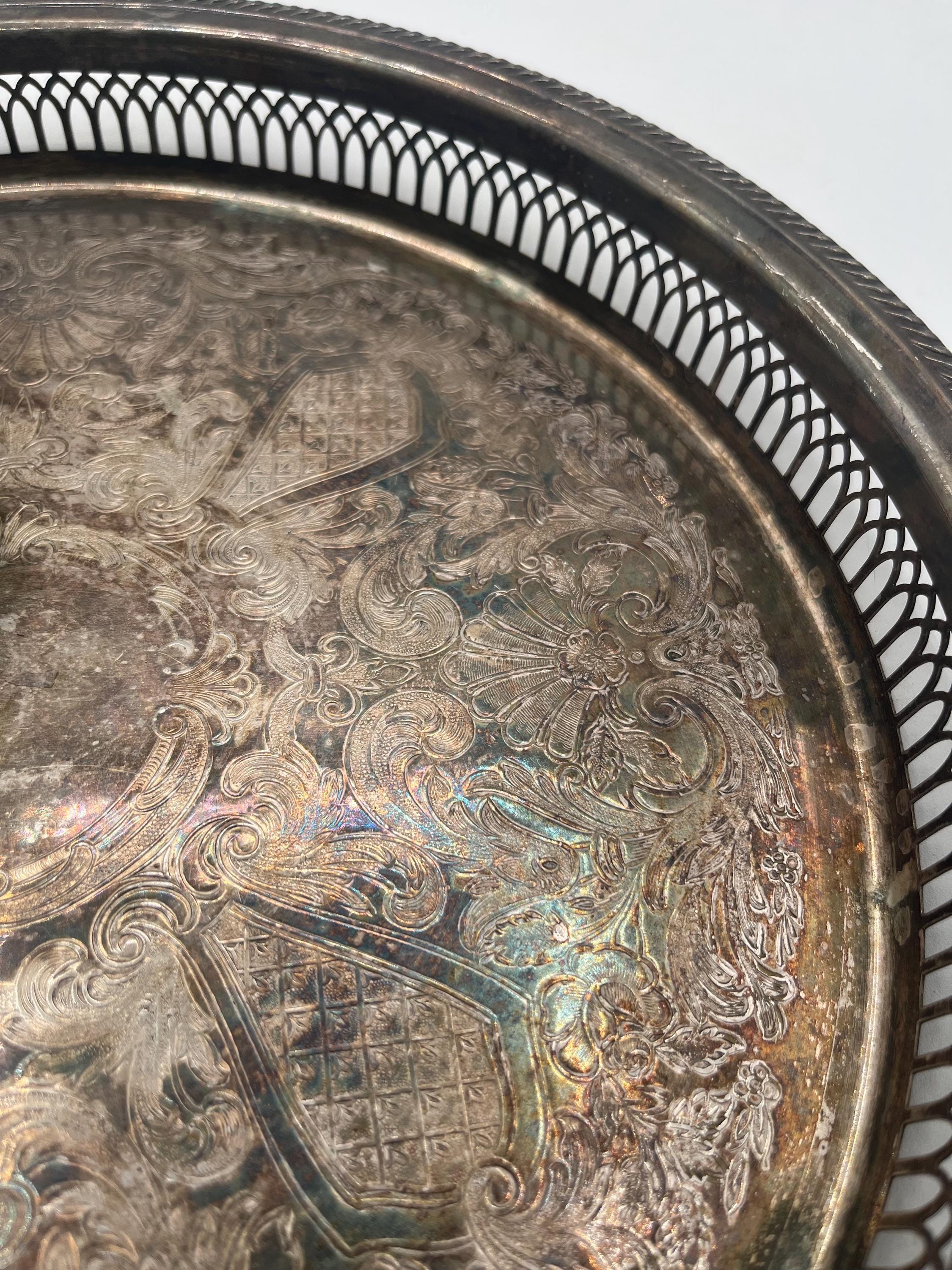 Vintage Ornate Etched Silver Decorative Tray / 13" Circular Silver ...