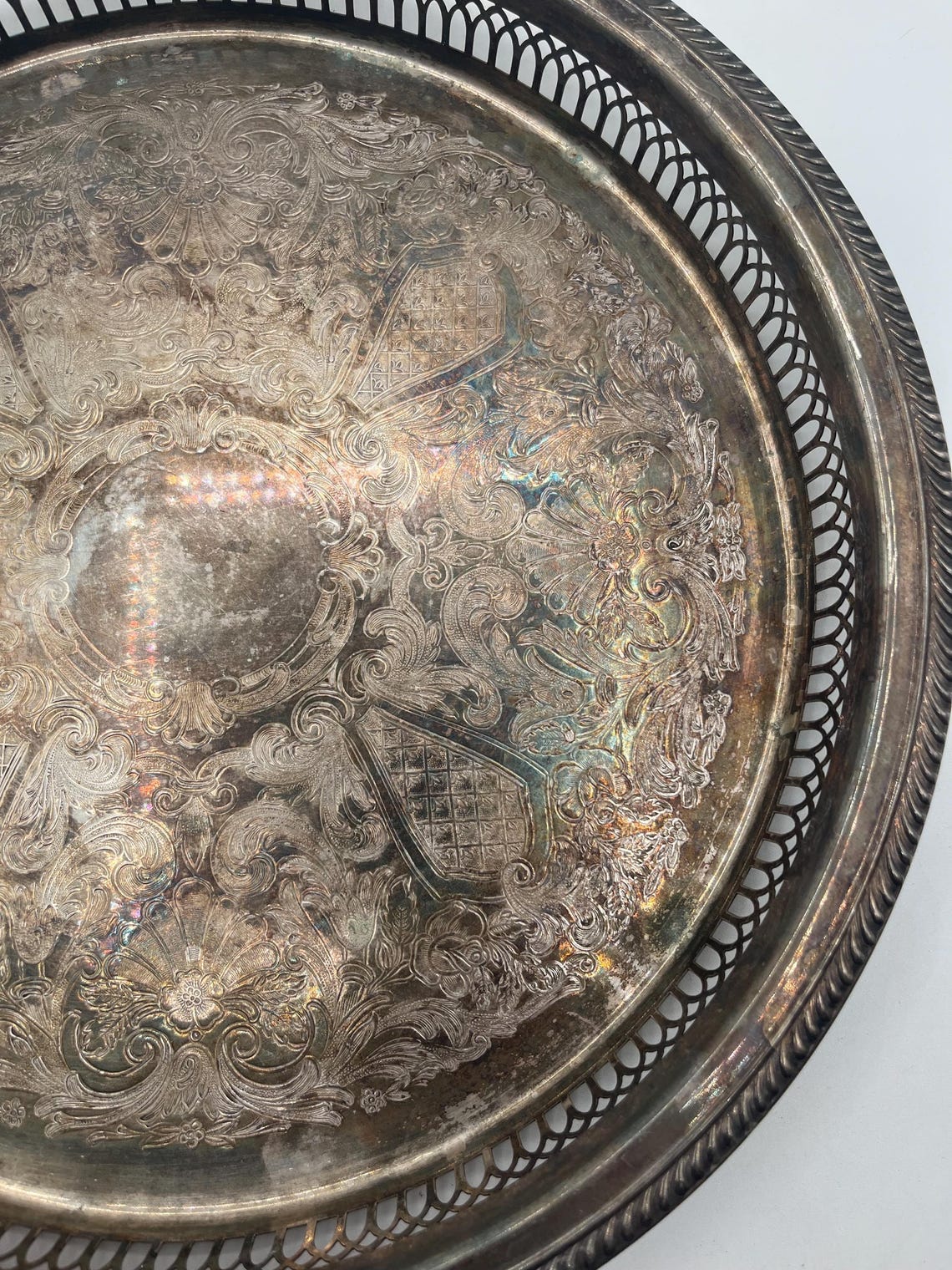 Vintage Ornate Etched Silver Decorative Tray / 13" Circular Silver ...