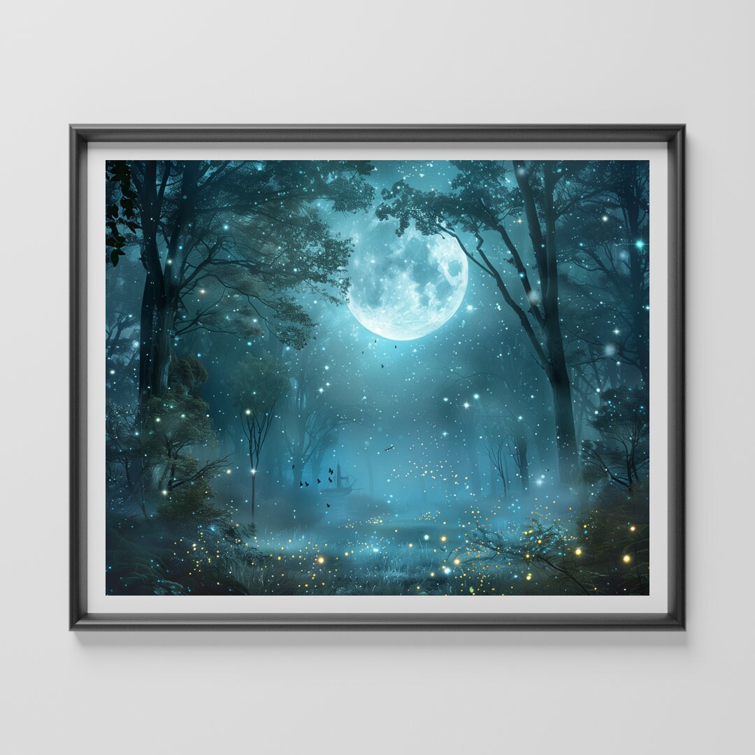 Magical Night Forest - Digital Poster, Enchanted Starry Sky Wall Art ...