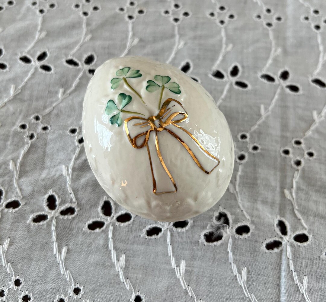 Vintage Belleek Shamrock Trinket Box Ireland Jewelry Egg Oval Bow ...
