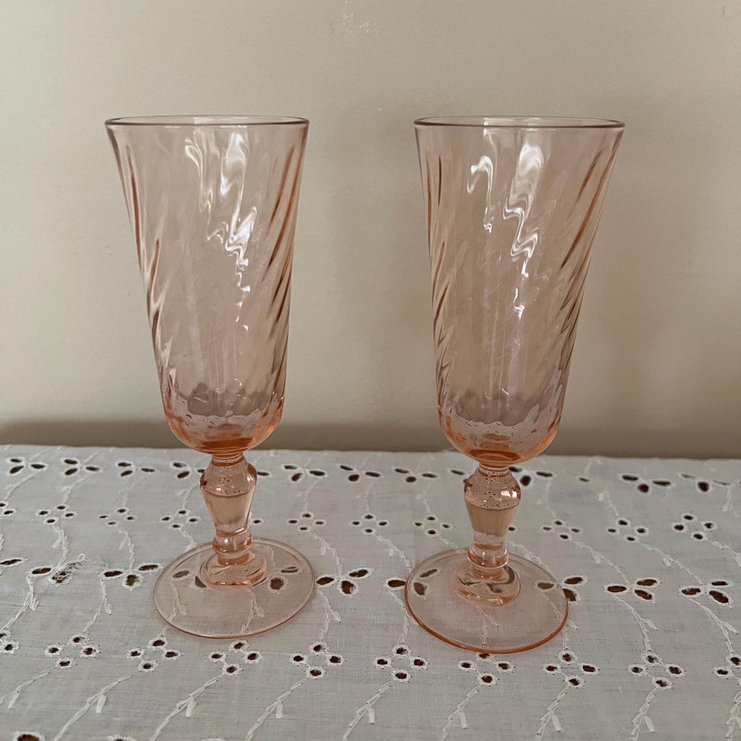 Lot of 2 Vintage Rosaline Pink Swirl Optic Champagne Flutes ~ Glasses ...