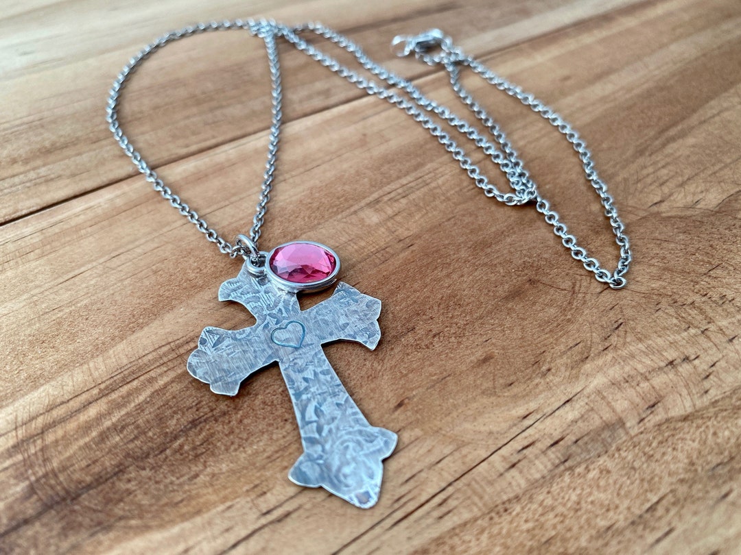 Stamped Sterling Silver Cross (pink Crystal) - Etsy