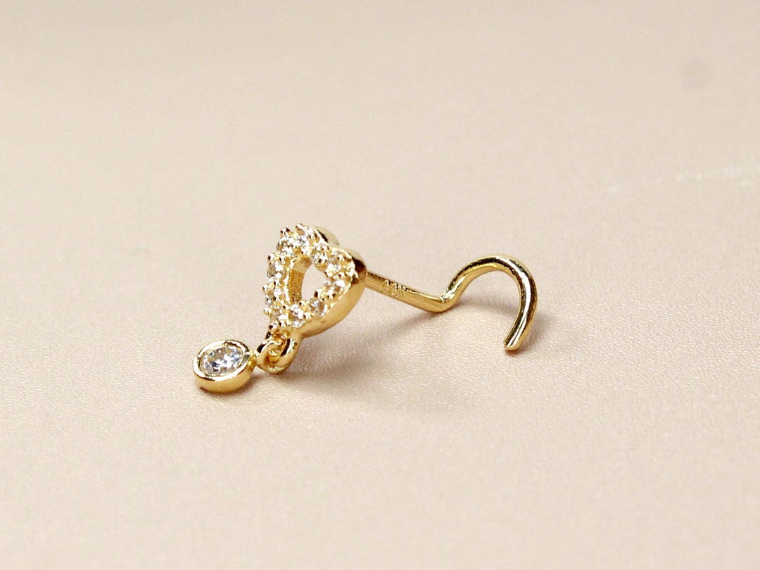 14K Heart Gold Nose Stud, 20G Dainty Dangling Gem Nose Stud, L Shape ...
