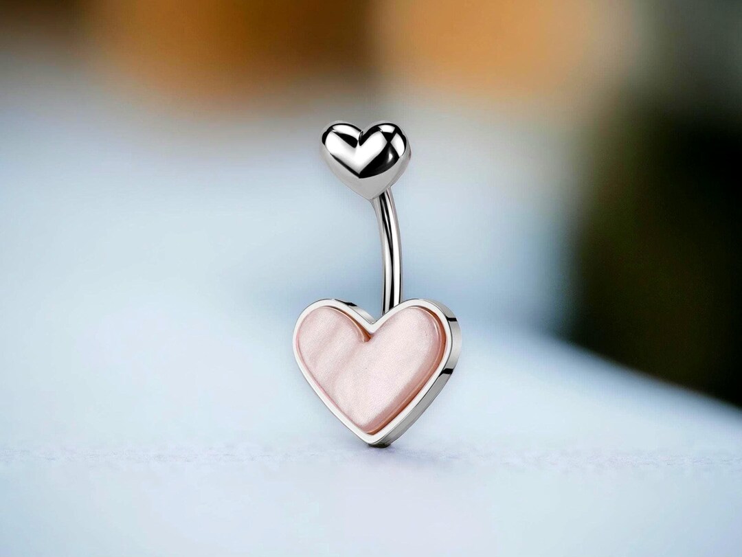 14g Silver Heart Belly Button Ring, Mother of Pearl Heart Navel ...