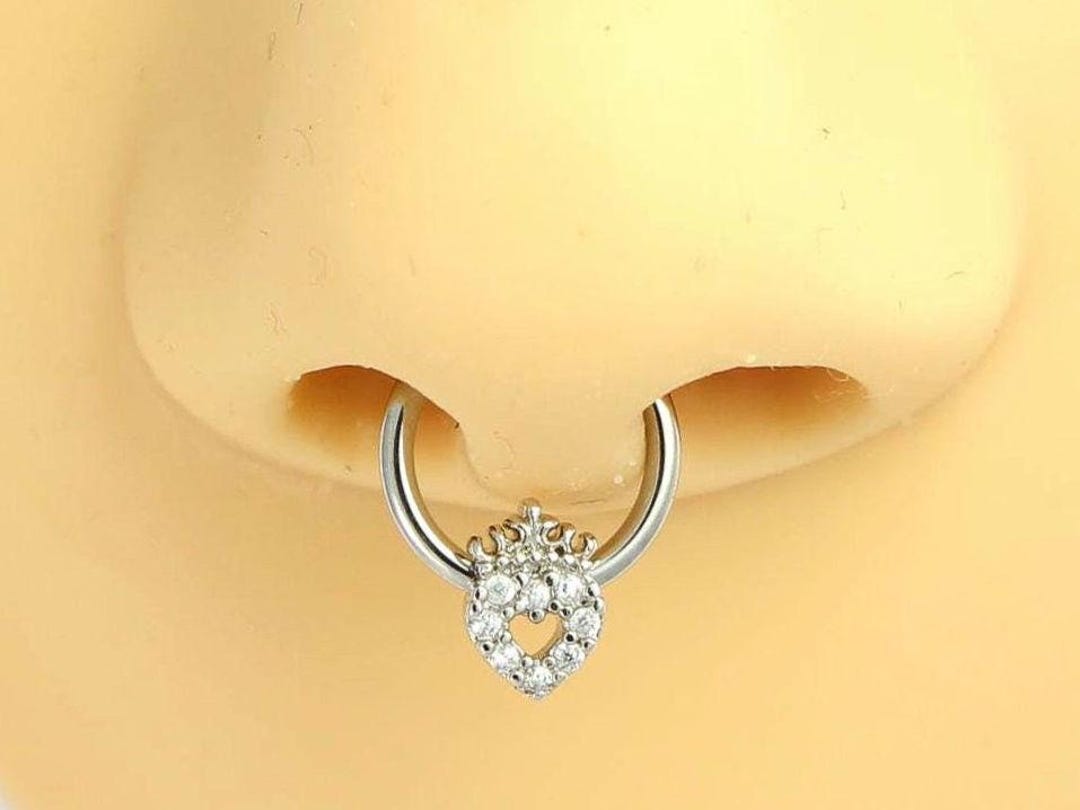16g Silver Heart Septum Hoop Ring, Sparkly Clear Gem Heart Crown Style ...