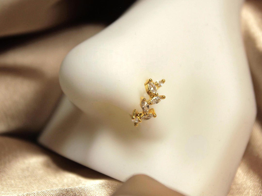20G Gold Nose Hoop Ring With Leaves Sparkly Gems Bendable Nose Piercing, Custom Body Jewelry ...