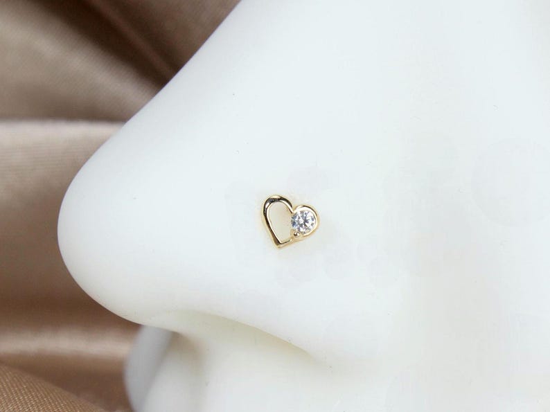 14K Gold Heart Nose Stud, 20G Dainty Gem Heart L Shape Nose Piercing ...