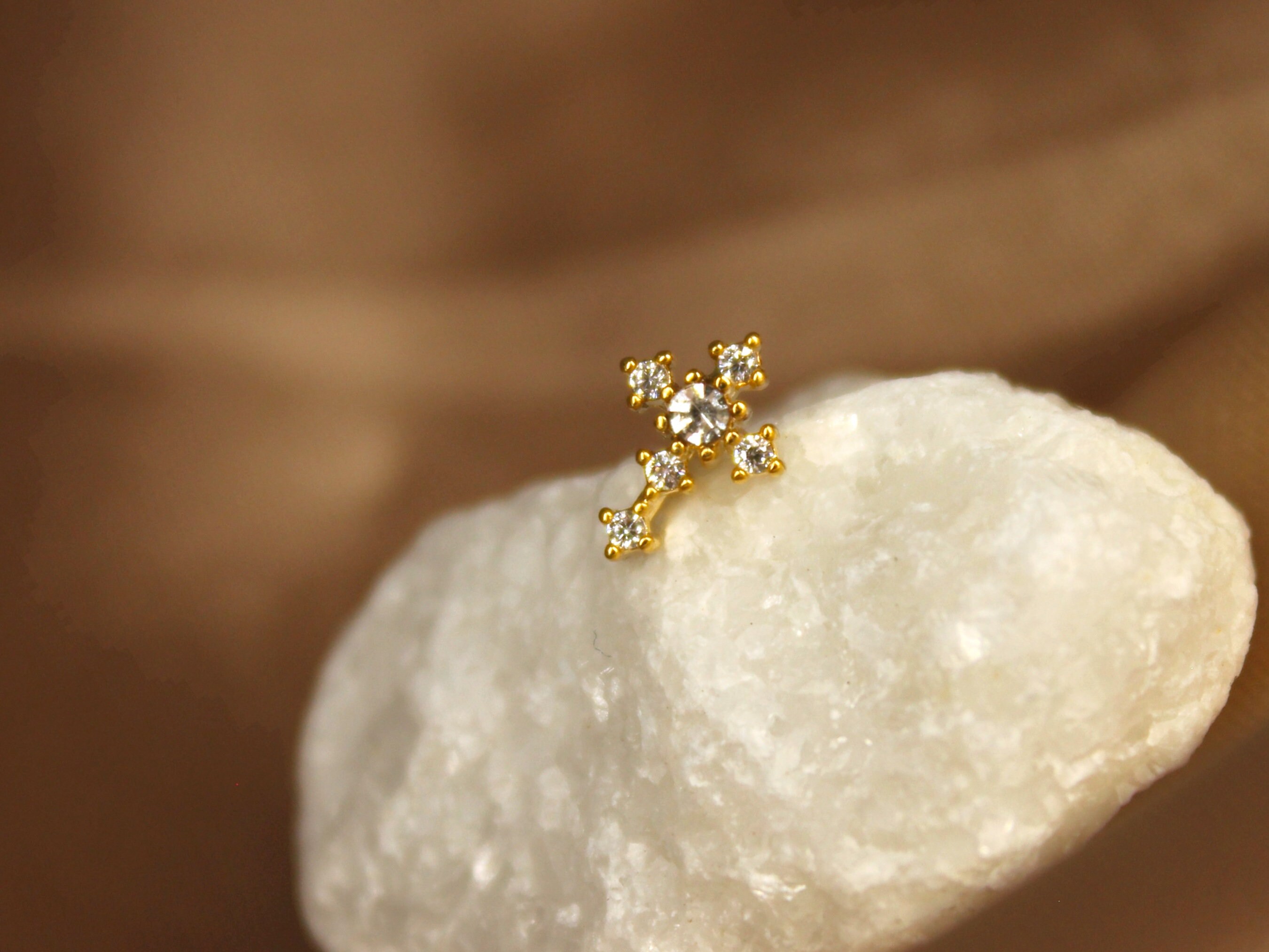 Gold Cross Nose Piercing Stud With Ball, Cute Gold Cross With Diamond ...