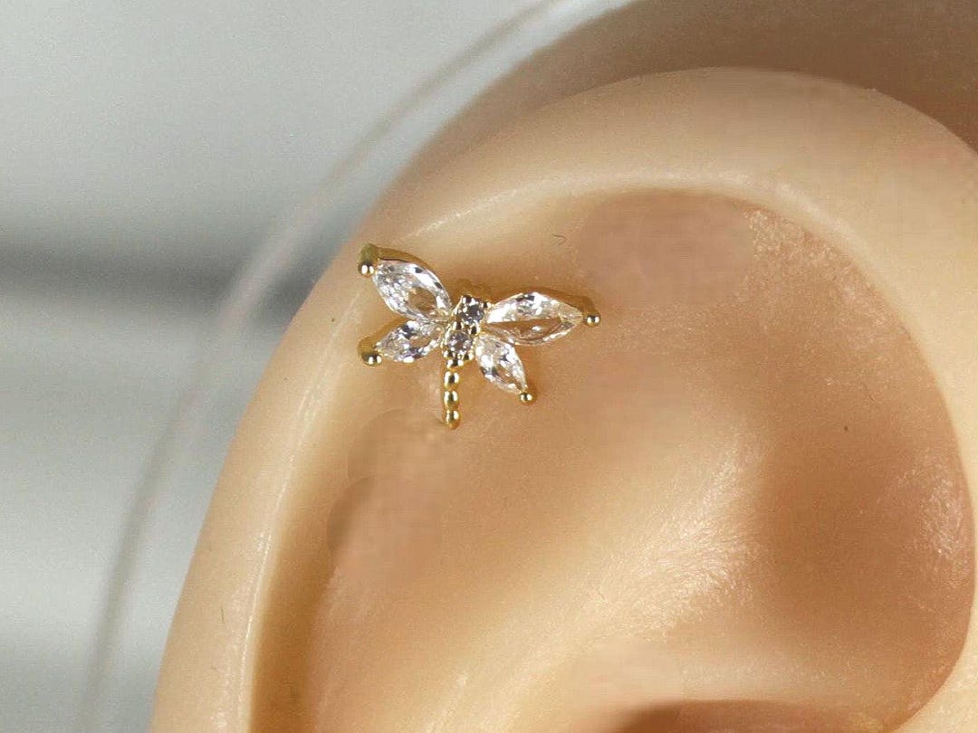 18g Threadless Gold Dragonfly Push Pin Labret Stud, Implant Grade Titanium 8mm Flat Back Earring ...