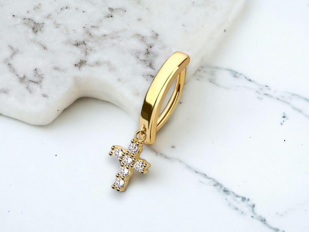 14G Cross Belly Clicker Ring, Sparkle Gem Decor Dangling Gold Cross Belly Button Piercing ...