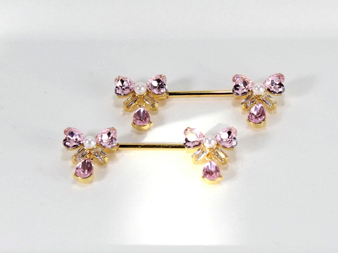 Dangle Pink Gem & Pearl Decor Nipple Barbell Piercing, Coquette Theme ...