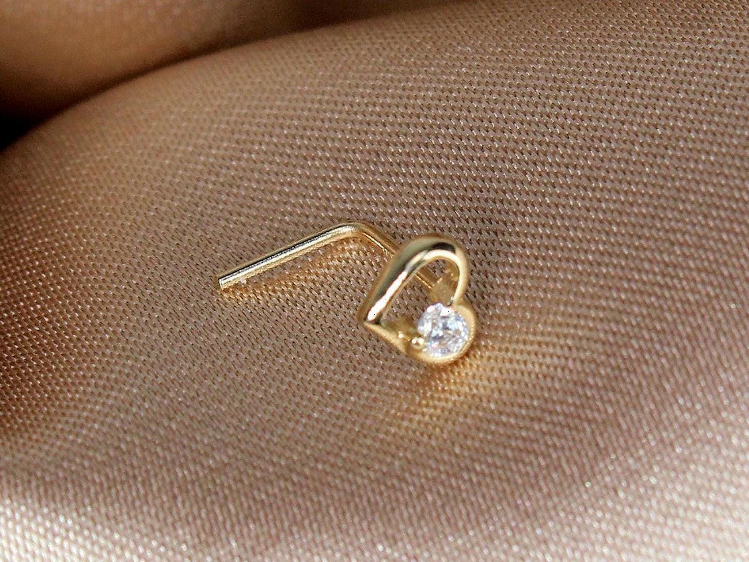 14K Gold Heart Nose Stud, 20G Dainty Gem Heart L Shape Nose Piercing ...