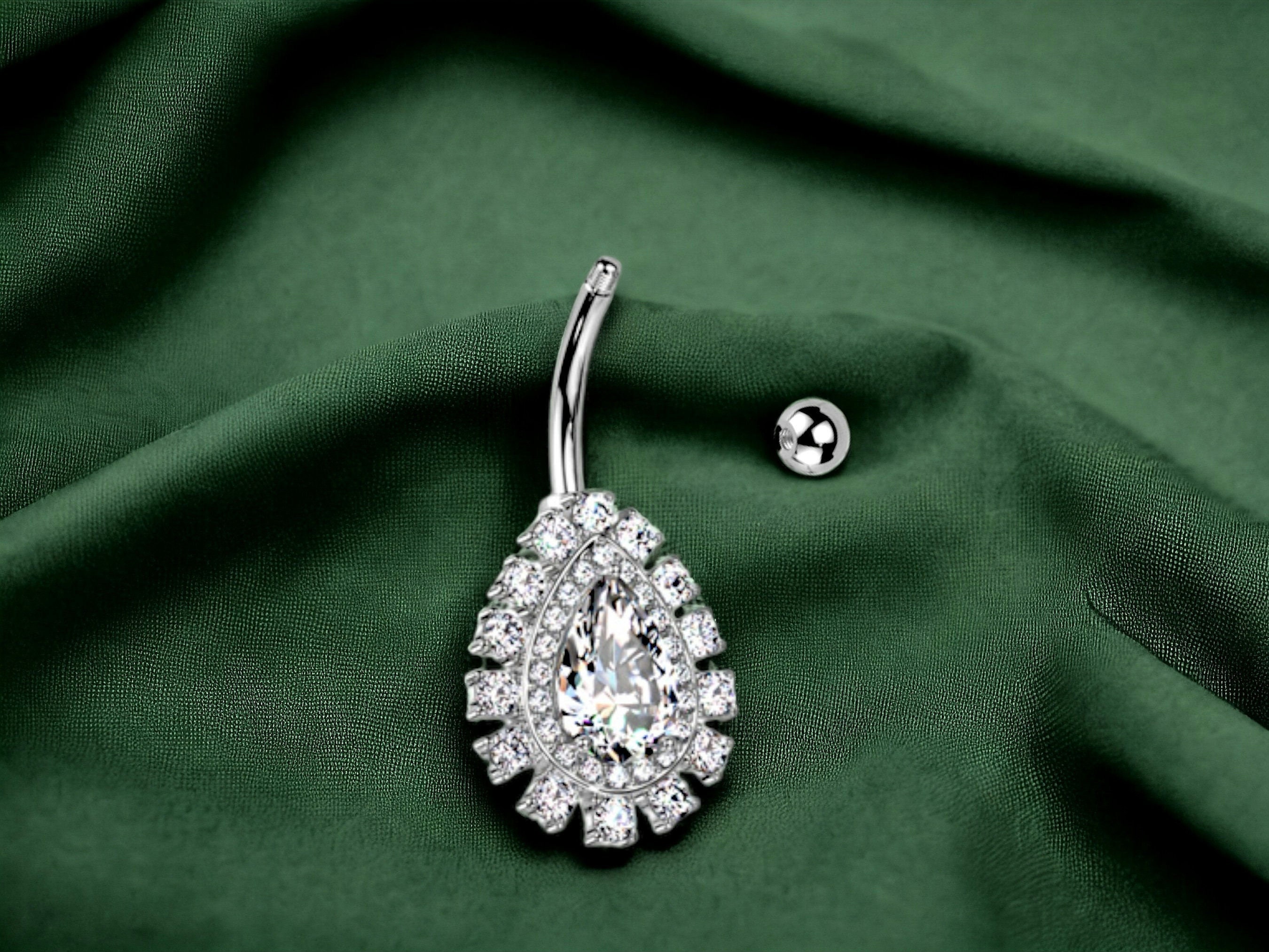 Teardrop Belly Ring, 14G Silver Sparkle Crystal Belly Button Ring, Gem ...