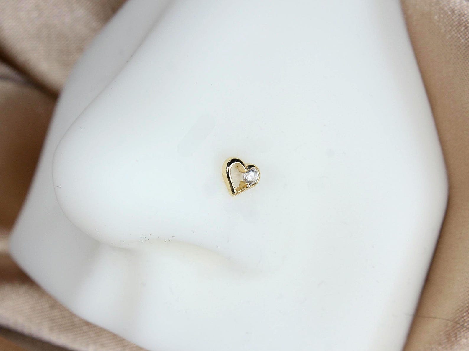 14K Gold Heart Nose Stud, 20G Dainty Gem Heart L Shape Nose Piercing ...