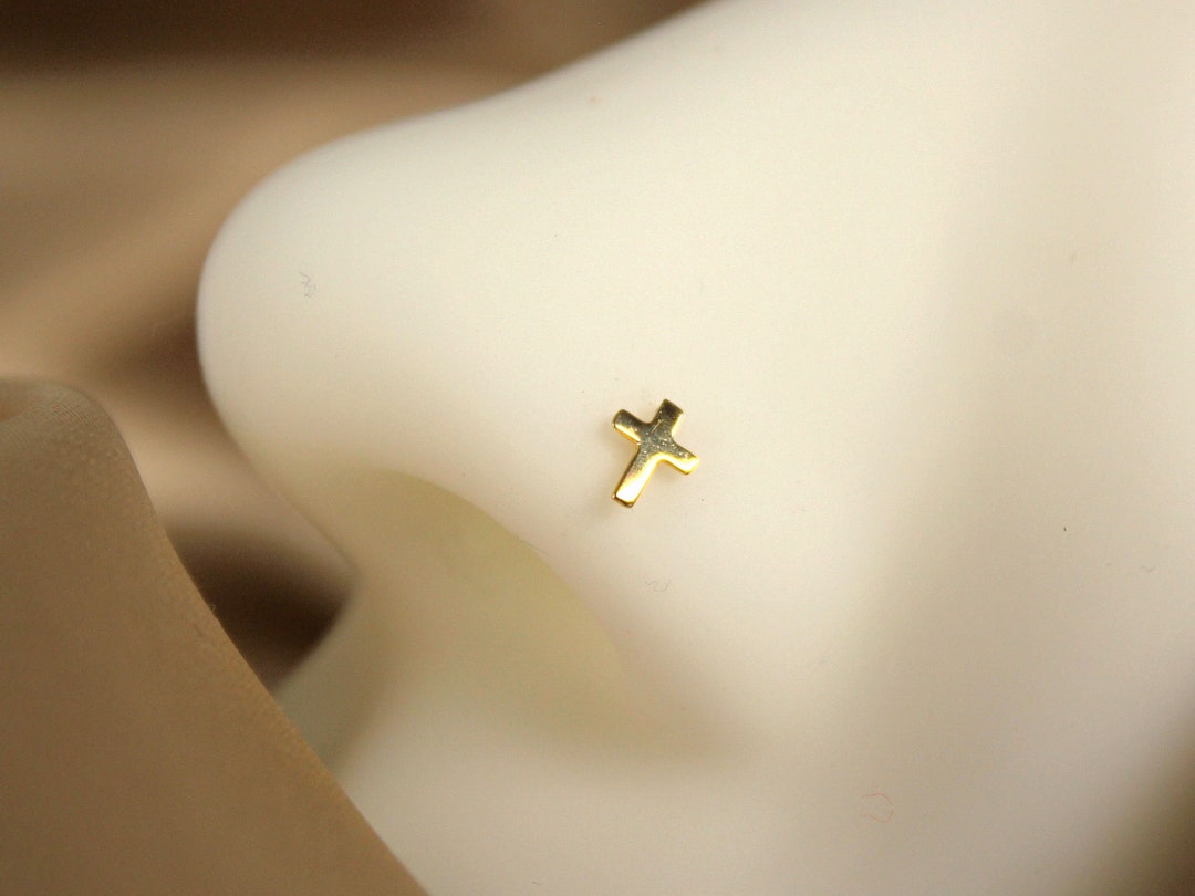 14k Solid Gold Cross Ball End Stud Nose Ring, Simple Style Cross Nose ...