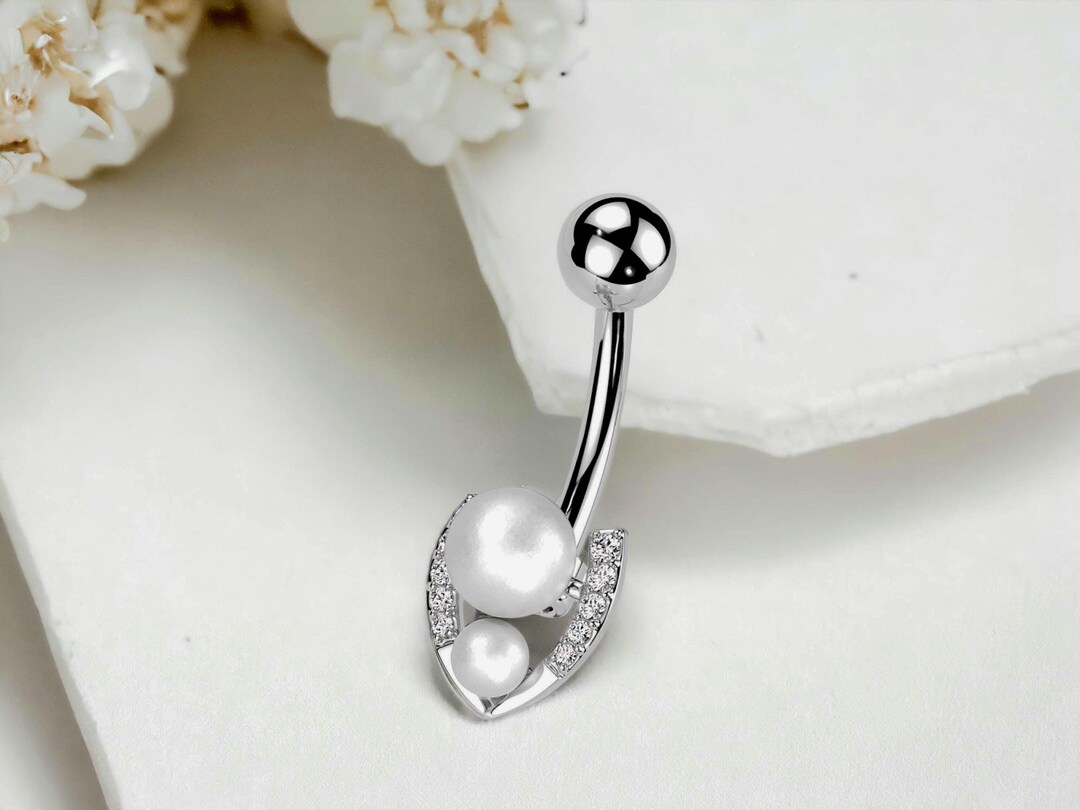 14G Silver Belly Button Ring With Double Pearl & Sparkly Gems - Non ...